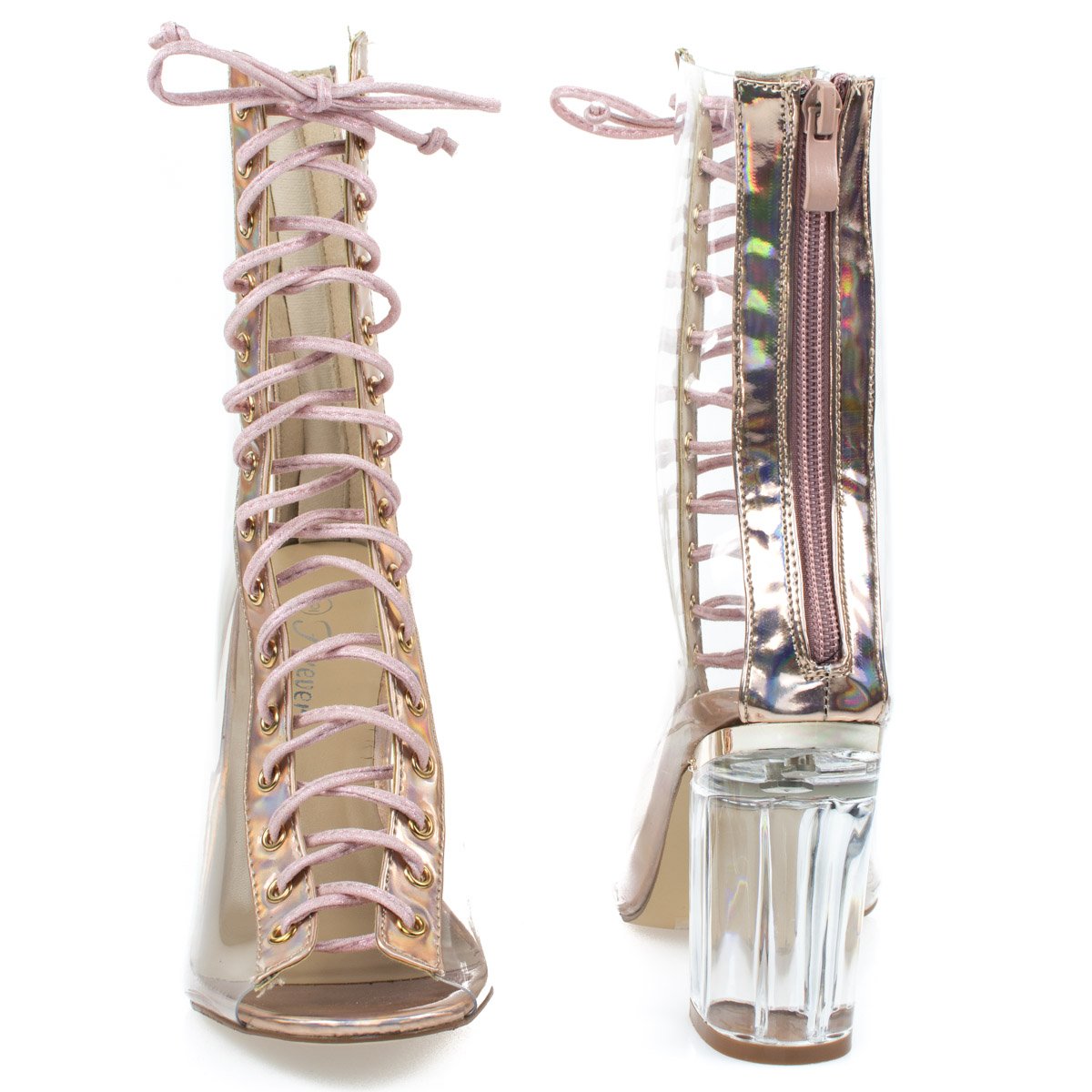 Forever Clear-45 Above Ankle Clear Peep Toe Lace Up Boots & Perspex Plexiglas Block Heel,Rosegold,5.5