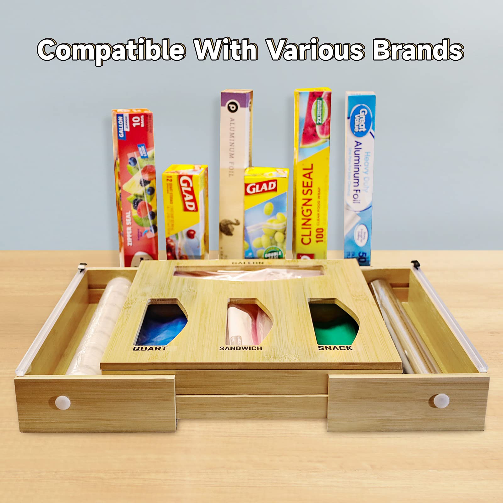 Ella & Emma Zip Lock Bag Organizer - Bamboo Zip Lock Bag Organization and Storage, Foil & Plastic Wrap Dispenser with Cutter, Expandable Kitchen Organization for Storage Drawers, 13.2 by 13.6 by 3 in