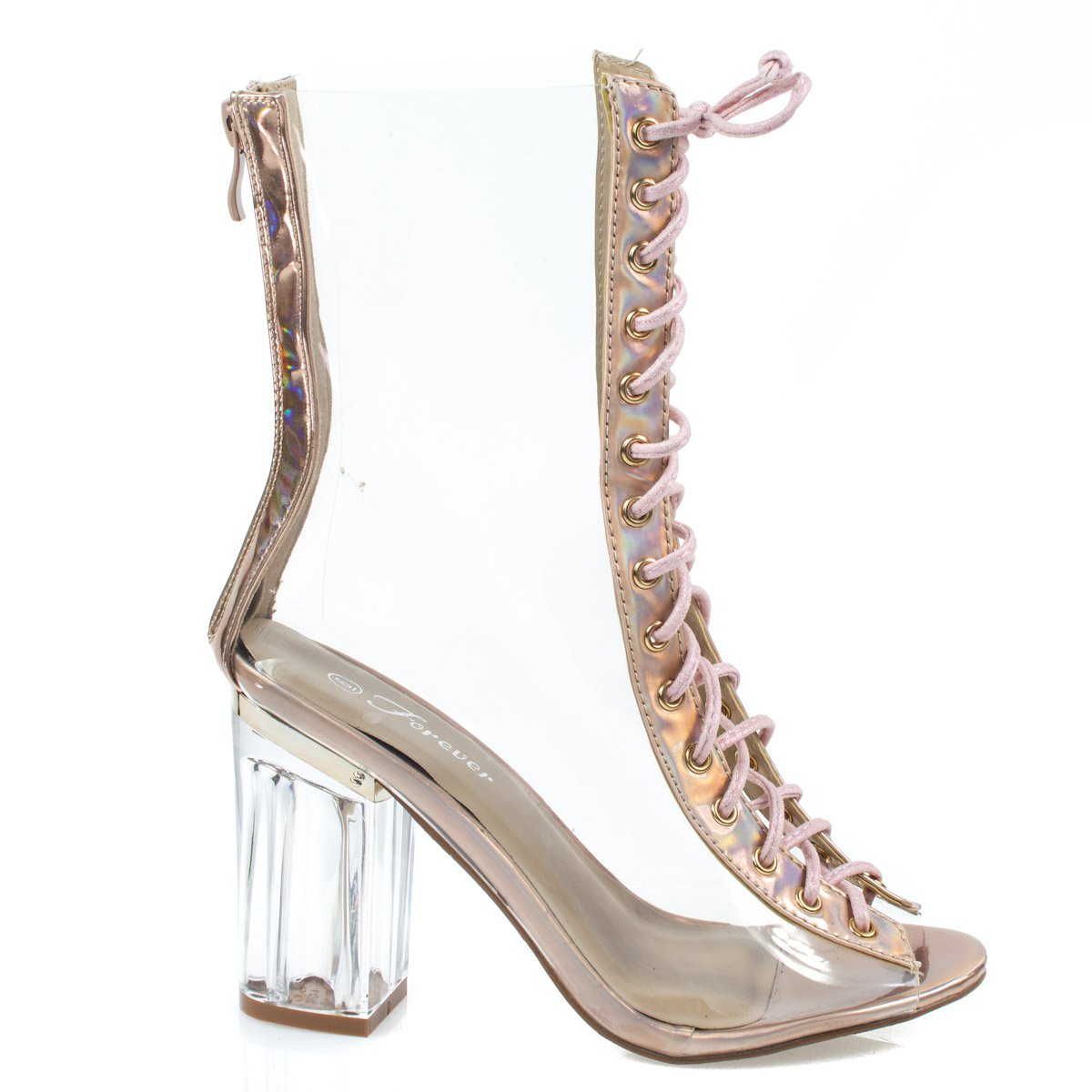 Forever Clear-45 Above Ankle Clear Peep Toe Lace Up Boots & Perspex Plexiglas Block Heel,Rosegold,5.5