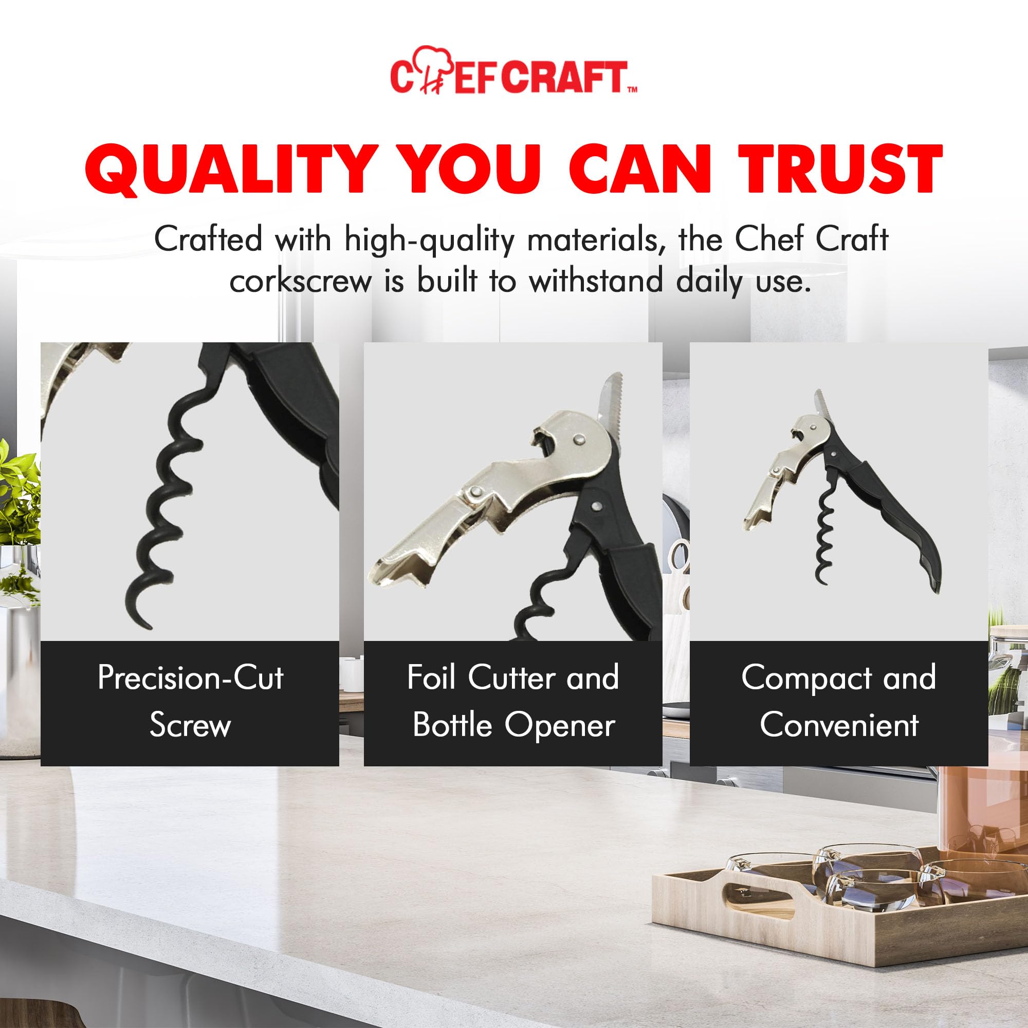 Chef Craft Select Waiters Corkscrew, 5 inches in length, Stainless Steel/Black