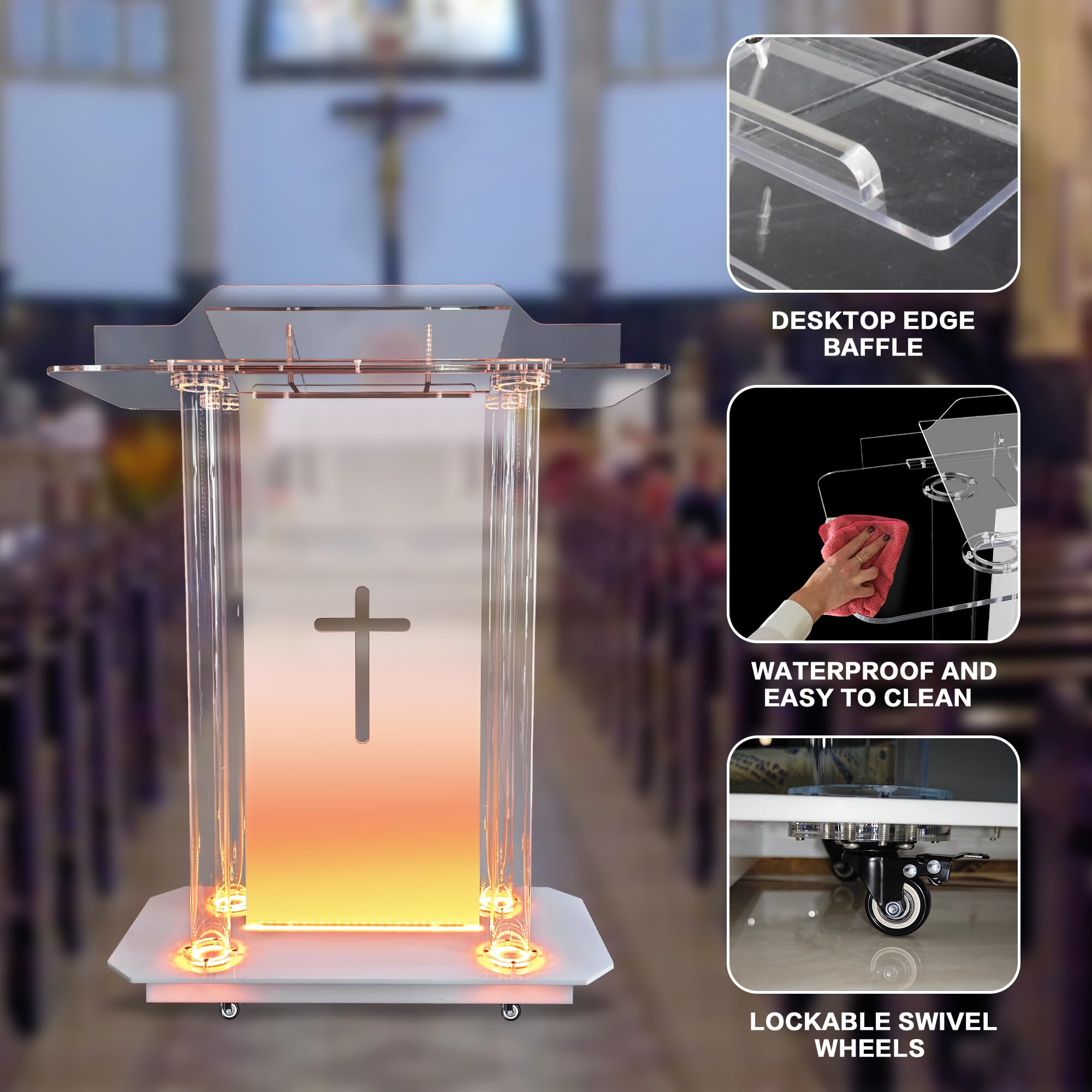LAYIQDC Church Pulpit with Hollow Cross Design,Led Acrylic Church Podium with Wheels& Vertical Reading Platform, 46”Transparent Lecterns for Churches,Classroom and Weeding(39.4”L*15.7”W *44”H)