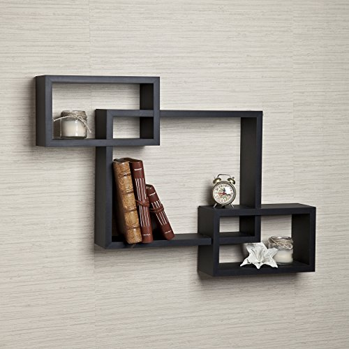Danya B. YU008BK Floating Squares Shelving Unit - Wall Mount Intersecting 3-Box Wall Shelf โ Black