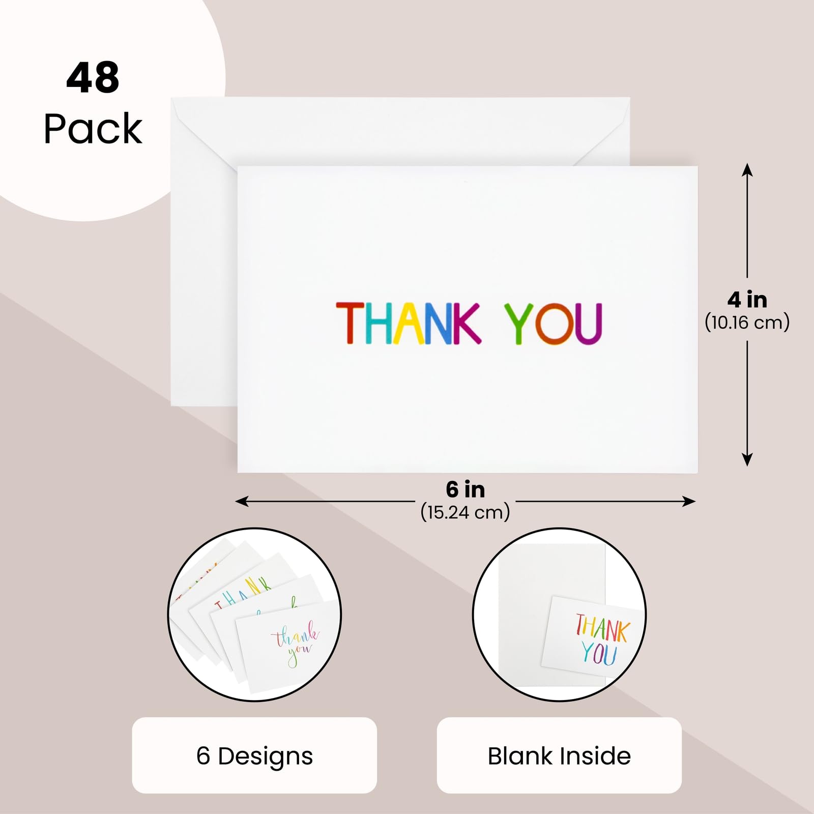 Juvale 48 Pack Thank You Note Cards with Envelopes for Kids Birthday, Baby Shower, Blank Inside (4x6 In)