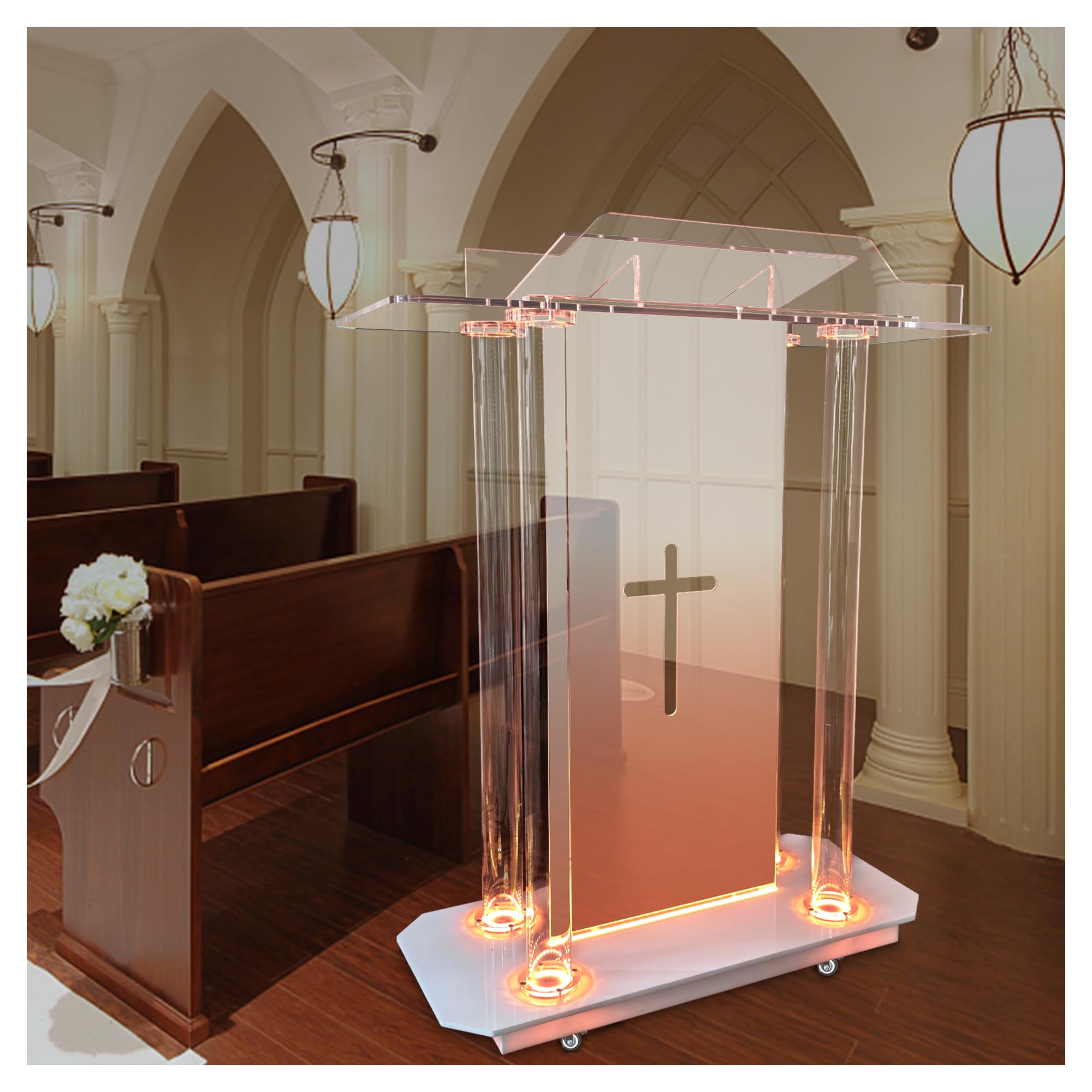 LAYIQDC Church Pulpit with Hollow Cross Design,Led Acrylic Church Podium with Wheels& Vertical Reading Platform, 46”Transparent Lecterns for Churches,Classroom and Weeding(39.4”L*15.7”W *44”H)