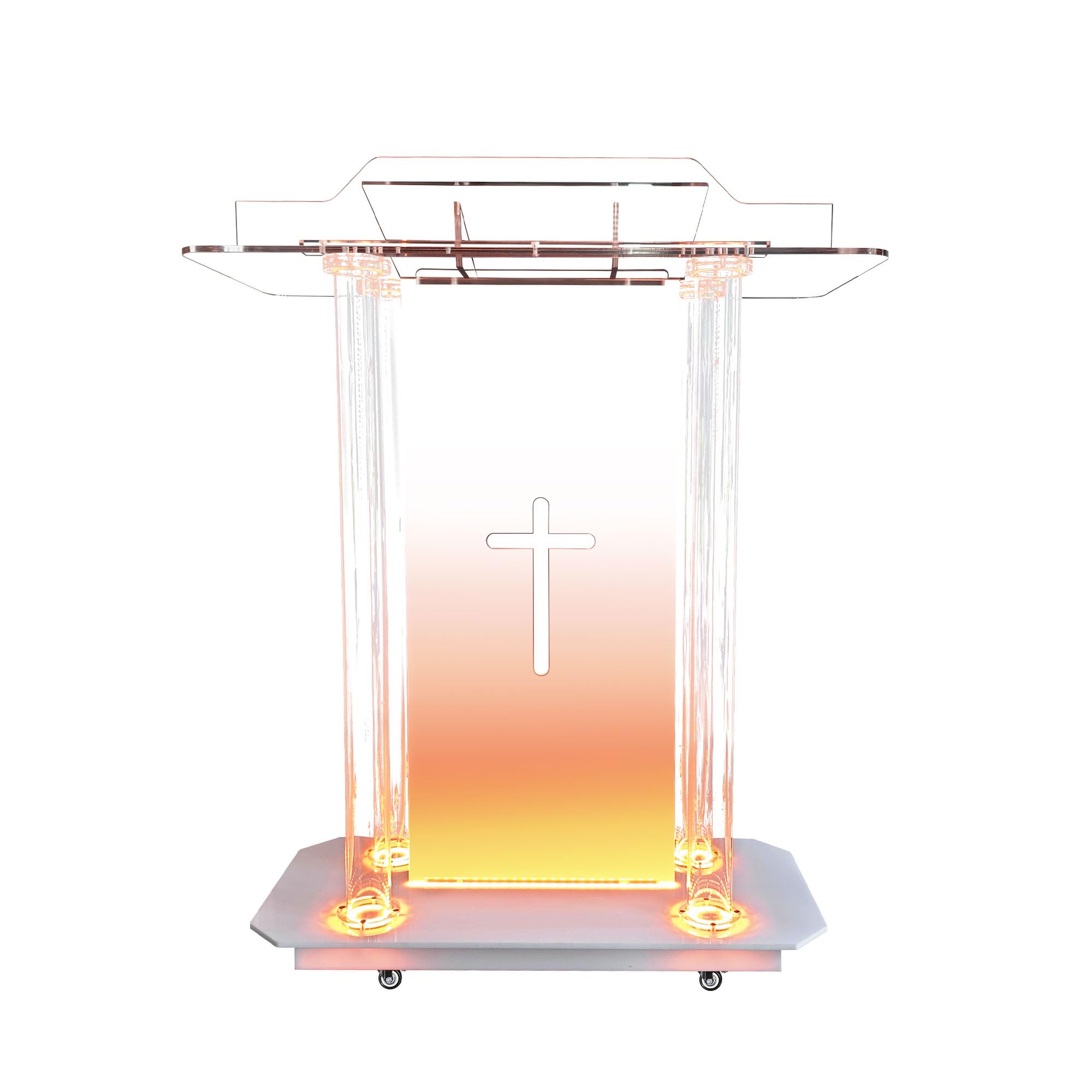 LAYIQDC Church Pulpit with Hollow Cross Design,Led Acrylic Church Podium with Wheels& Vertical Reading Platform, 46”Transparent Lecterns for Churches,Classroom and Weeding(39.4”L*15.7”W *44”H)