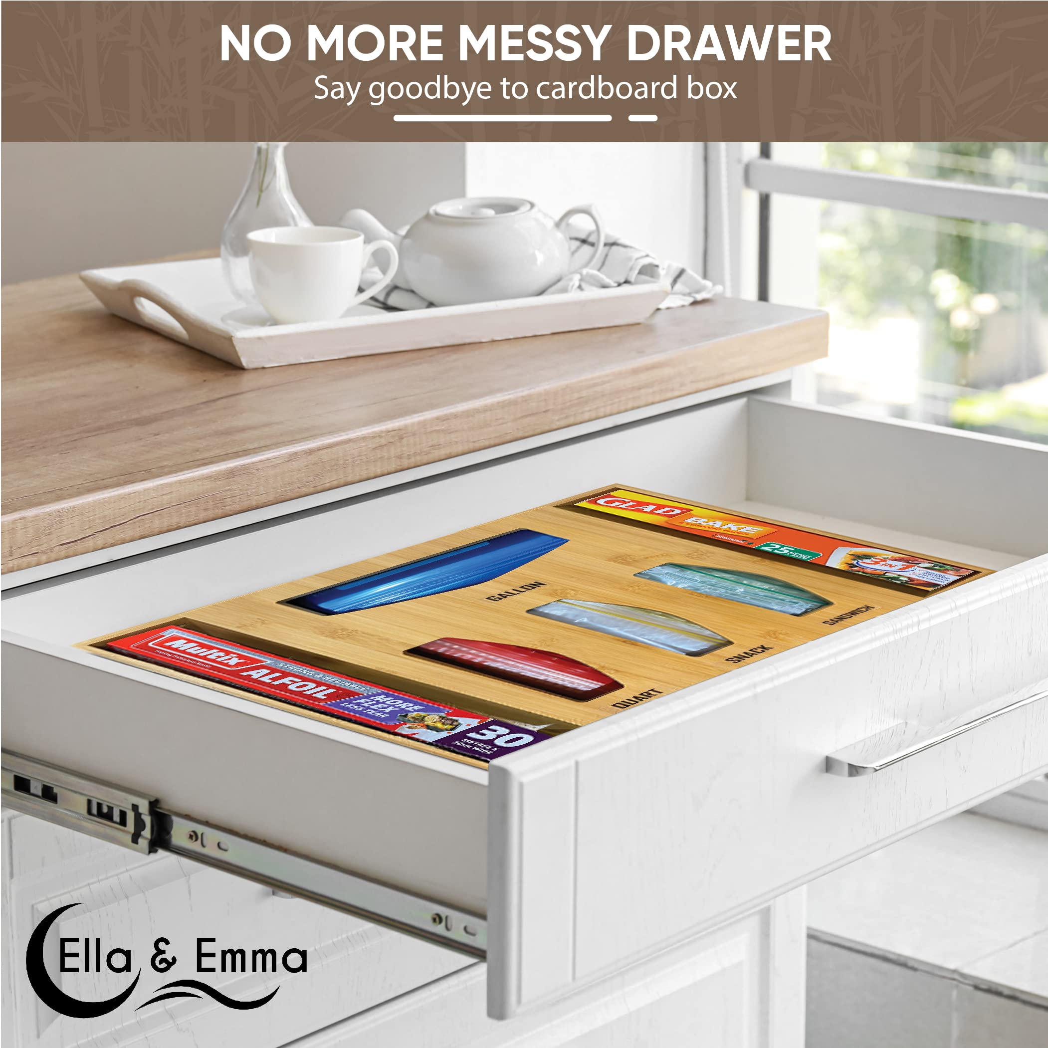 Ella & Emma Zip Lock Bag Organizer - Bamboo Zip Lock Bag Organization and Storage, Foil & Plastic Wrap Dispenser with Cutter, Expandable Kitchen Organization for Storage Drawers, 13.2 by 13.6 by 3 in