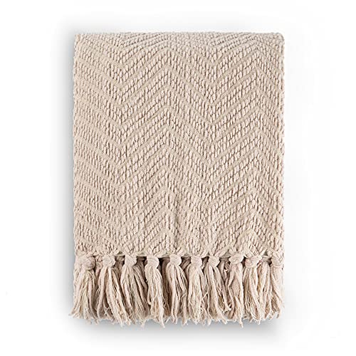 BATTILO HOME Beige Throw Blanket for Couch, Textured Knitted Boho Throw Blanket with Tassels, Couch Cover Blanket Warm Decorative Tan Throw Blanket for Sofa Living Room, 50" x 60"