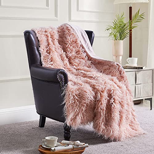 BYTIDE Mongolian Long Hair Faux Fur Plush Throw Blankets with Micromink Back, Soft Luxury Furry Fuzzy Shaggy Throw for Couch Sofa Chair Bed Cover Bedroom Living Room Home DƩcor, 50 x 60 Inches, Pink