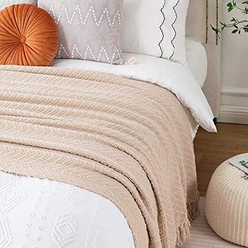 BATTILO HOME Beige Throw Blanket for Couch, Textured Knitted Boho Throw Blanket with Tassels, Couch Cover Blanket Warm Decorative Tan Throw Blanket for Sofa Living Room, 50" x 60"