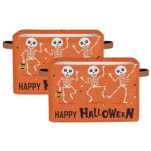 Pardick Happy Halloween Large Collapsible Storage Bins ,Danc Skull Decorative Canvas Fabric Storage Boxes Organizer with Handles,Rectangular Baskets Bin for Home Shelves Closet Nursery Gifts