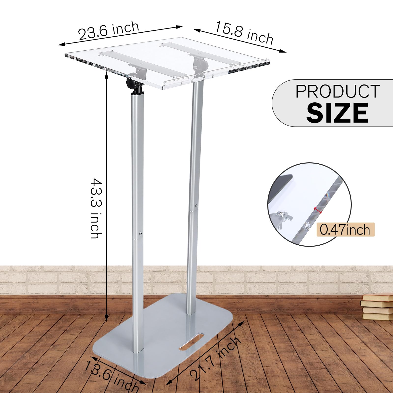 Kigley Acrylic Podium Stand Clear Podium Lectern 43.3'' Tall Floor Standing Speaking Podium with Adjustable Angle 30°-90° Slanted Top Silver Aluminum Body Base for Church Office School Speech Concert