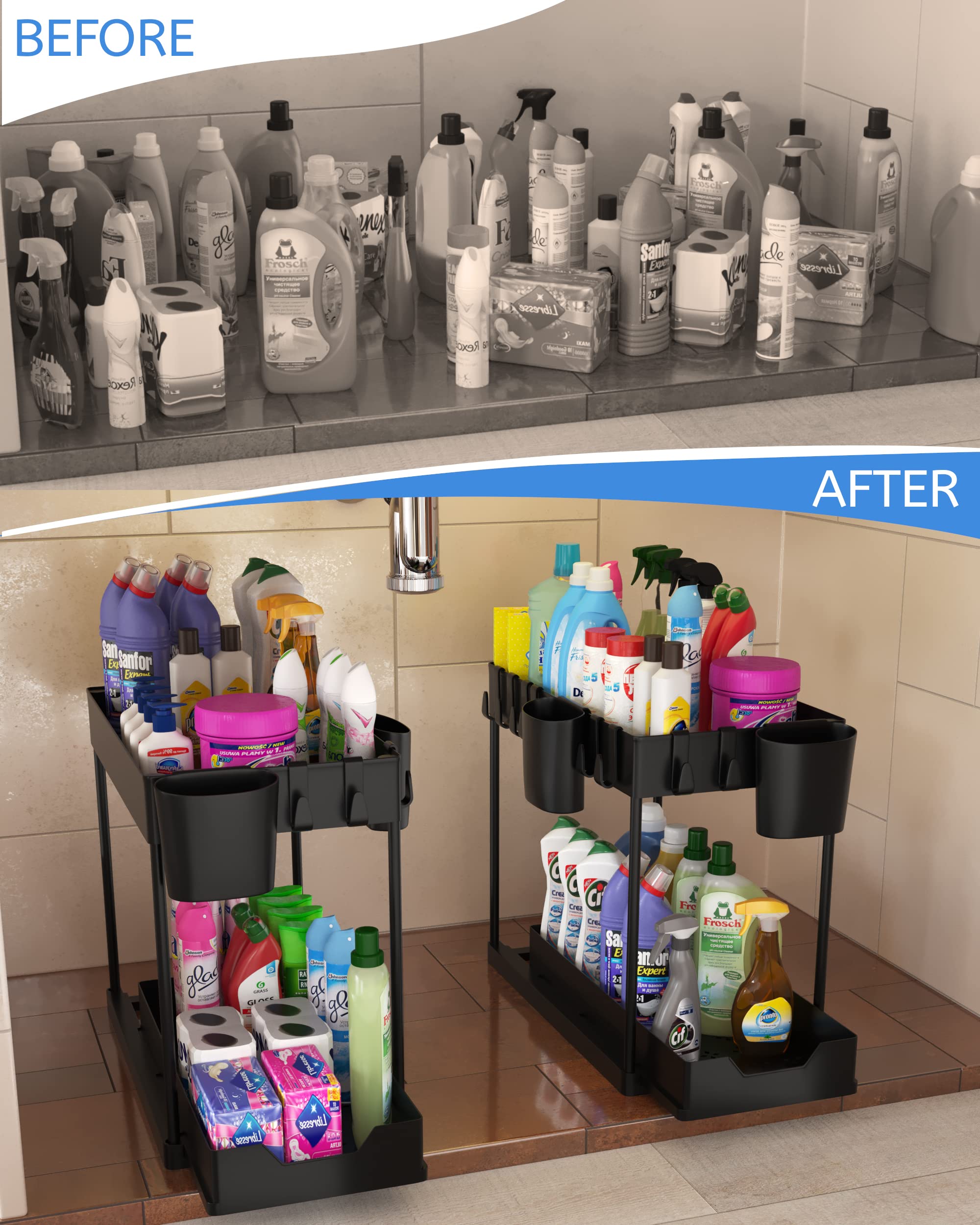 SLAH Pack of 2 Under Sink Organizers and Storage for Bathroom - 2 Tier Undersink Storage with Sliding Drawer and Hanging Hooks - Multi-purpose Organization for Kitchen Sink Organizer Under Cabinet