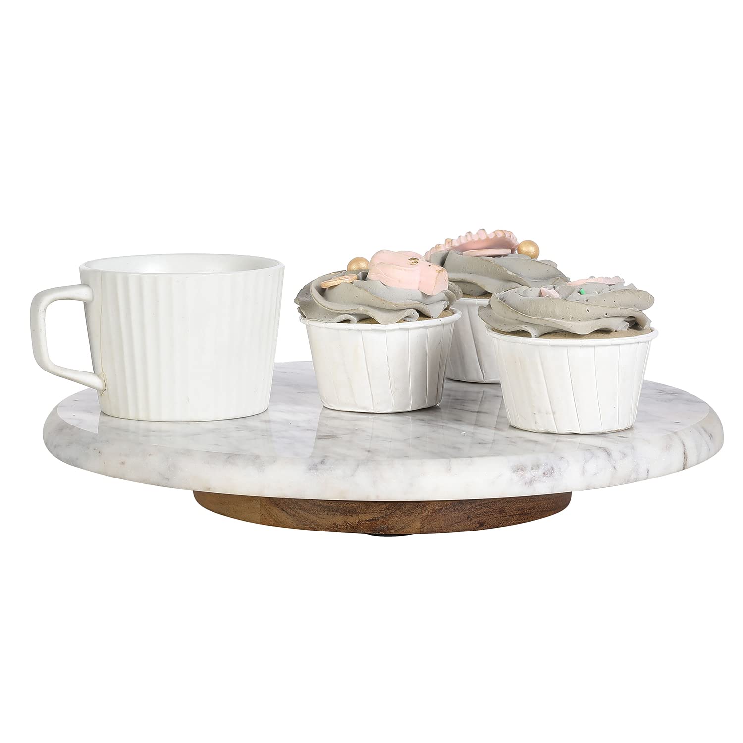 MyGift 11 Inch Natural White Marble with Acacia Wood Base Lazy Susan Serving Tray - 360 Degree Rotating Spice and Condiment Turntable - Handcrafted in India