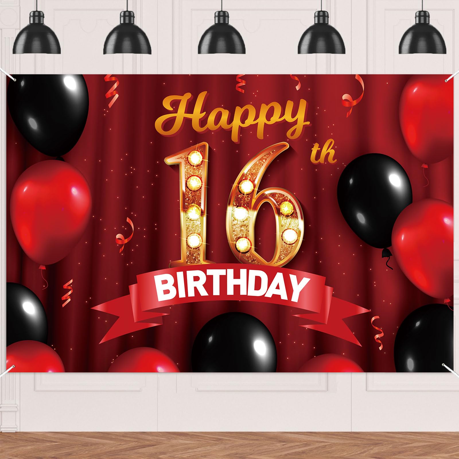Happy 16th Birthday Red Banner Gold Backdrop Red and Black Balloons Theme Decor for Girls Women Princess 16 Years Old Birthday Party Supplies Photo Booth Props Background Favors Decorations Glitter