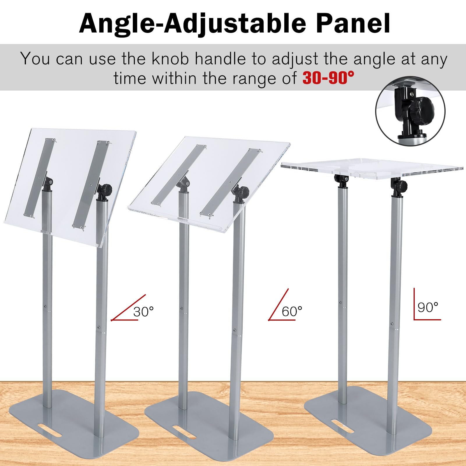 Kigley Acrylic Podium Stand Clear Podium Lectern 43.3'' Tall Floor Standing Speaking Podium with Adjustable Angle 30°-90° Slanted Top Silver Aluminum Body Base for Church Office School Speech Concert