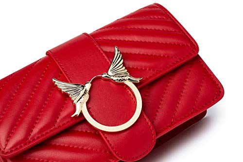Women Fashion Shoulder Bag Genuine Leather Clutch Handbag Quilted Crossbody Bag with Chain - Wine