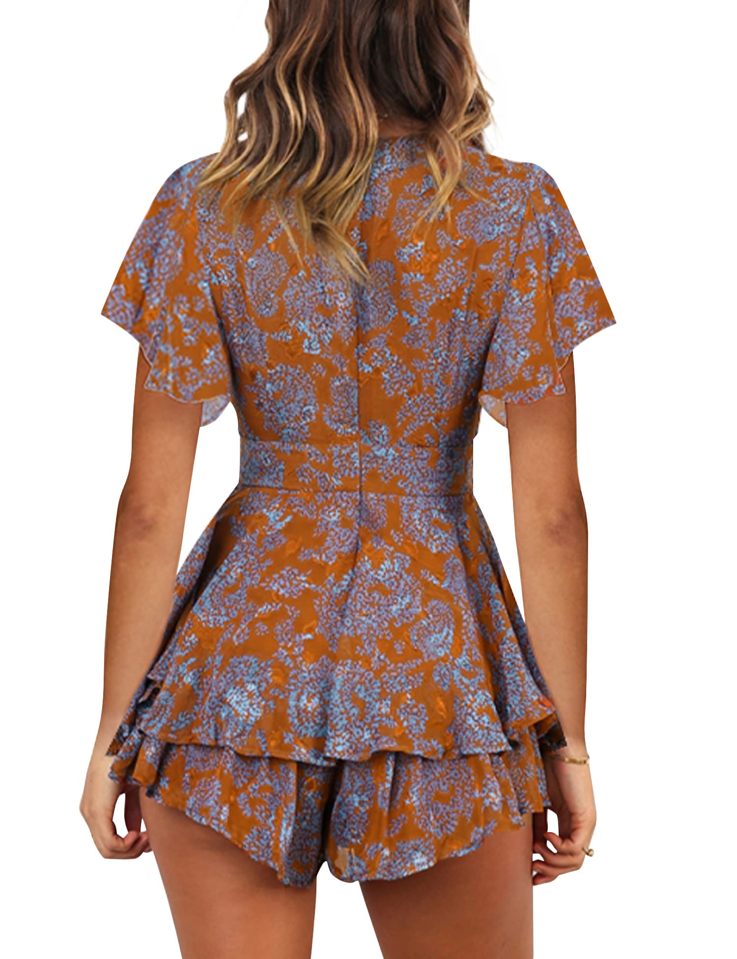 DOFEEYA Women's Floral Short Romper V Neck Flare Sleeve Summer Dress Rompers Casual Waist Tie Layered Ruffle Hem Jumpsuit