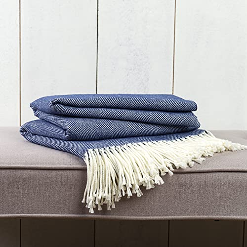Herringbone Blanket - Chevron Pattern - Turkish Boho Chic - Soft Woven Throw Blanket with Decorative Fringe - Lightweight for Bed, Sofa, Chair, Office, Outdoor - 50 x 60 in. (Navy Blue)