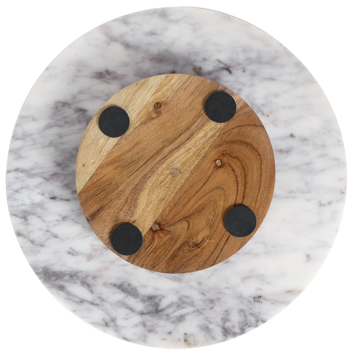 MyGift 11 Inch Natural White Marble with Acacia Wood Base Lazy Susan Serving Tray - 360 Degree Rotating Spice and Condiment Turntable - Handcrafted in India