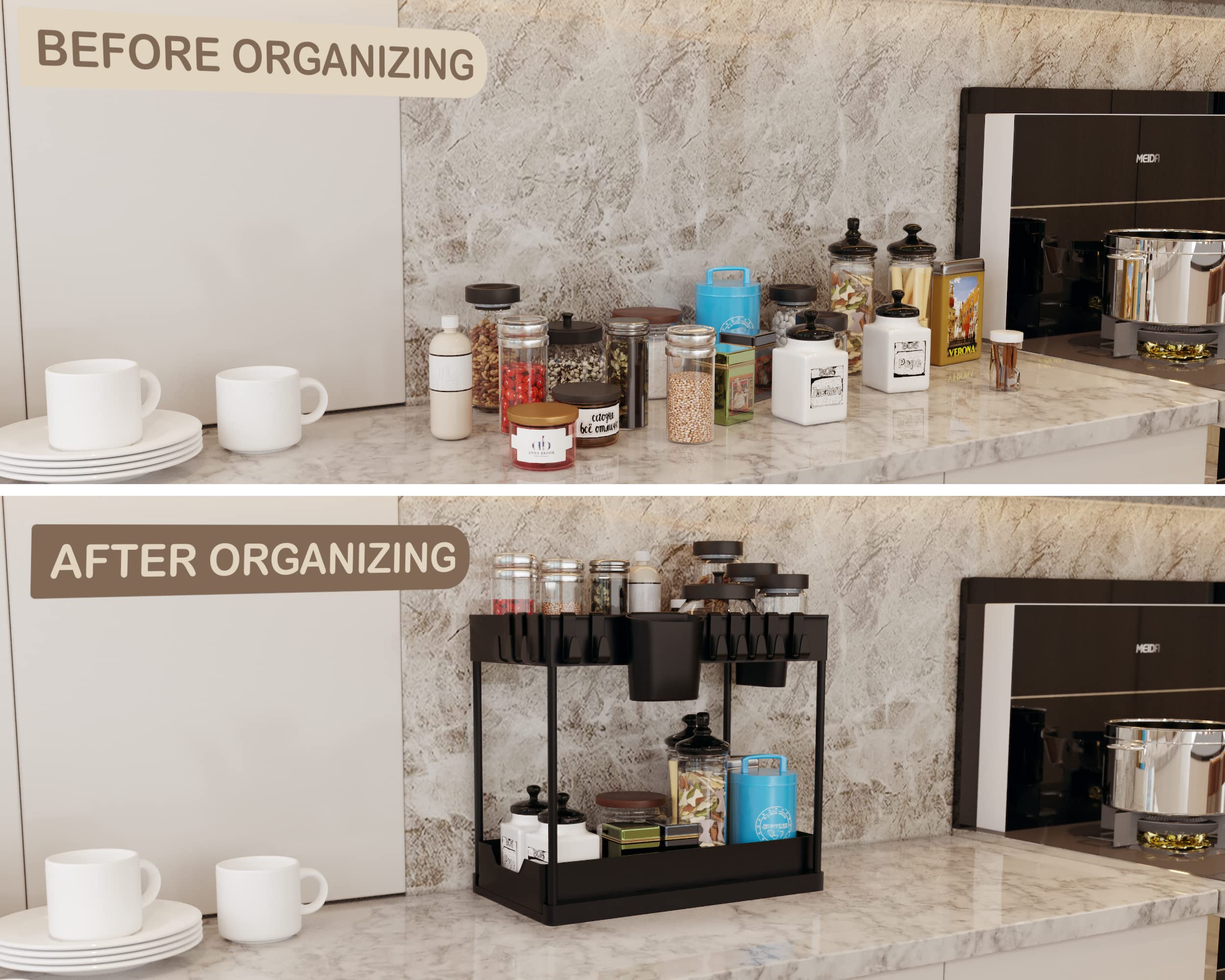 SLAH Pack of 2 Under Sink Organizers and Storage for Bathroom - 2 Tier Undersink Storage with Sliding Drawer and Hanging Hooks - Multi-purpose Organization for Kitchen Sink Organizer Under Cabinet