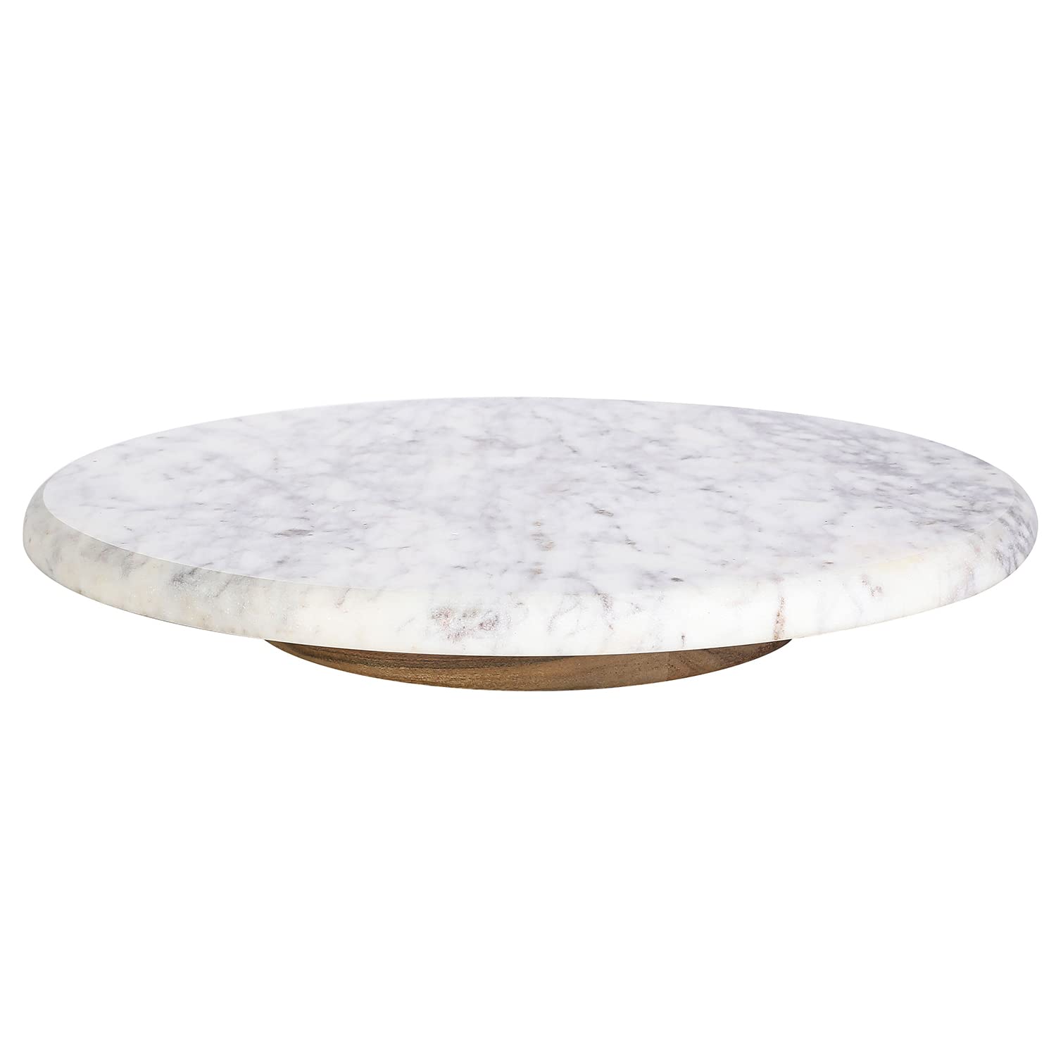 MyGift 11 Inch Natural White Marble with Acacia Wood Base Lazy Susan Serving Tray - 360 Degree Rotating Spice and Condiment Turntable - Handcrafted in India