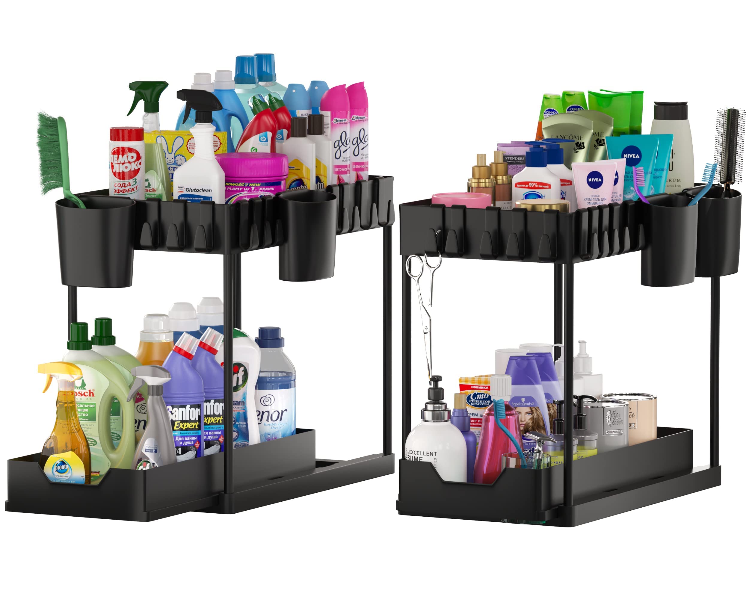 SLAH Pack of 2 Under Sink Organizers and Storage for Bathroom - 2 Tier Undersink Storage with Sliding Drawer and Hanging Hooks - Multi-purpose Organization for Kitchen Sink Organizer Under Cabinet