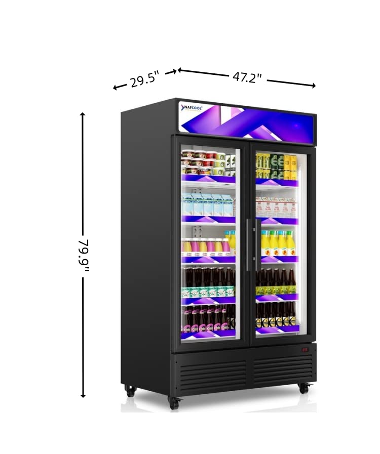 NAFCOOL Commercial Beverage Refrigerator Cooler,38 Cu Ft Two Glass Door Merchandiser Refrigerator Bar Wine Beer Drink Display Fridge for Home or Sale Used,ETL and NSF Approval,47.2" Wide