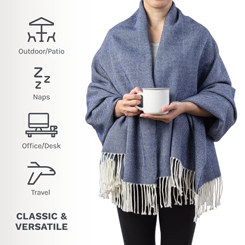 Herringbone Blanket - Chevron Pattern - Turkish Boho Chic - Soft Woven Throw Blanket with Decorative Fringe - Lightweight for Bed, Sofa, Chair, Office, Outdoor - 50 x 60 in. (Navy Blue)