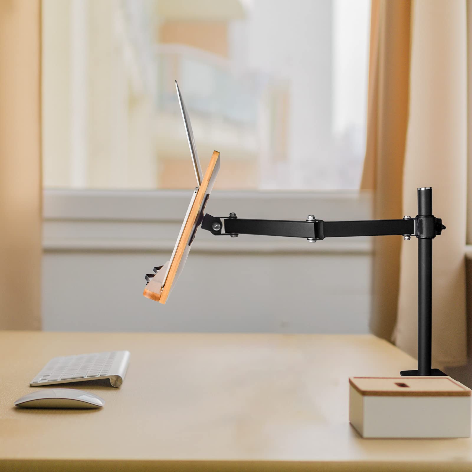 wishacc Book Stand with Clamp, Aluminum Alloy and Bamboo Material Build, Table Side Design, Height Adjustable, Desktop Reading Mount Holder with Sturdy Page Clips (11 x 8.1 Inches)