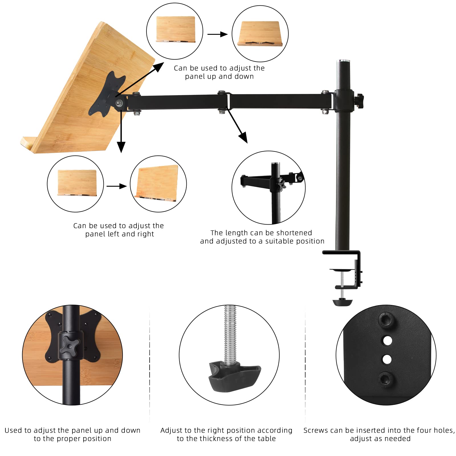 wishacc Book Stand with Clamp, Aluminum Alloy and Bamboo Material Build, Table Side Design, Height Adjustable, Desktop Reading Mount Holder with Sturdy Page Clips (11 x 8.1 Inches)