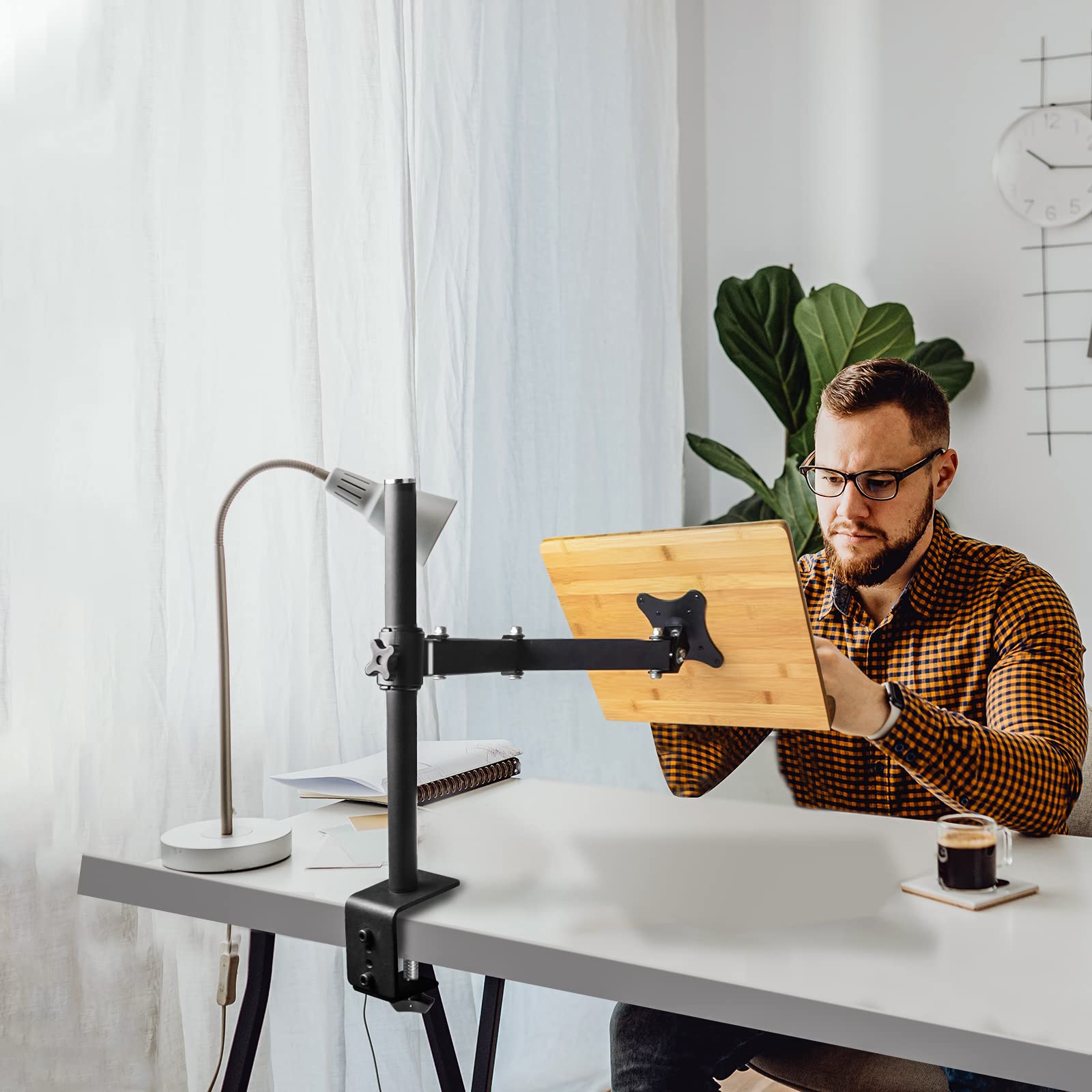 wishacc Book Stand with Clamp, Aluminum Alloy and Bamboo Material Build, Table Side Design, Height Adjustable, Desktop Reading Mount Holder with Sturdy Page Clips (11 x 8.1 Inches)