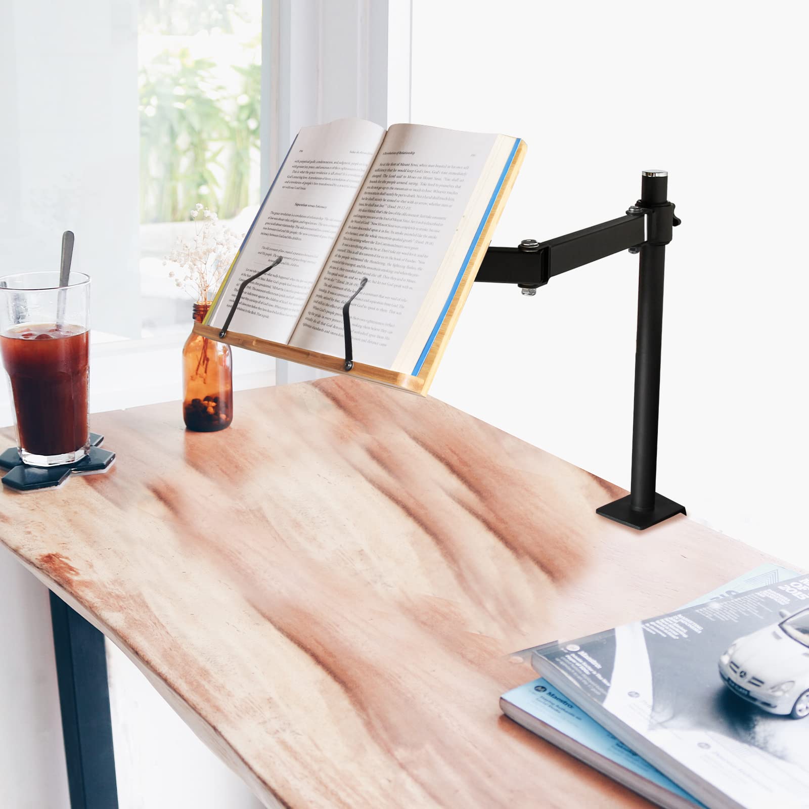 wishacc Book Stand with Clamp, Aluminum Alloy and Bamboo Material Build, Table Side Design, Height Adjustable, Desktop Reading Mount Holder with Sturdy Page Clips (11 x 8.1 Inches)