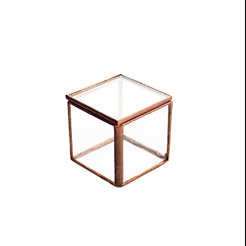 Feyarl Tiny Clear Glass Jewelry Trinket Box Ornate Rings Earrings Shadow Organizer Treasure Chest Decorative Keepsake Case with Lid for Wedding Birthday Gift (Brass)