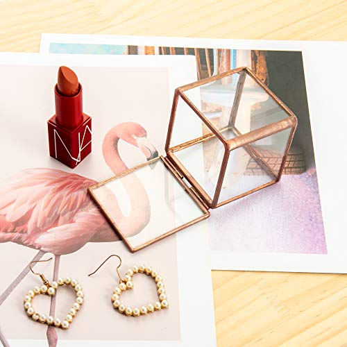 Feyarl Tiny Clear Glass Jewelry Trinket Box Ornate Rings Earrings Shadow Organizer Treasure Chest Decorative Keepsake Case with Lid for Wedding Birthday Gift (Brass)