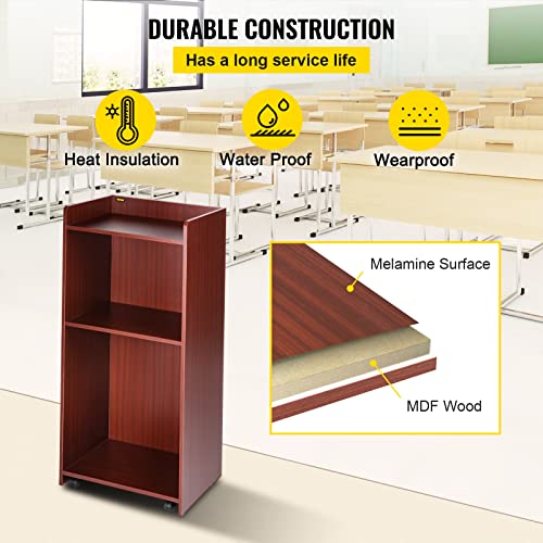VEVOR Wood Podium, 23.6" x 47.2", Lecterns and Podiums w/ 4 Rolling Wheels, Baffle Plate & Shelf, Easy Assembly Walnut Wood Lecterns for Church, Office, School, Home