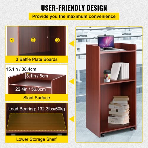 VEVOR Wood Podium, 23.6" x 47.2", Lecterns and Podiums w/ 4 Rolling Wheels, Baffle Plate & Shelf, Easy Assembly Walnut Wood Lecterns for Church, Office, School, Home