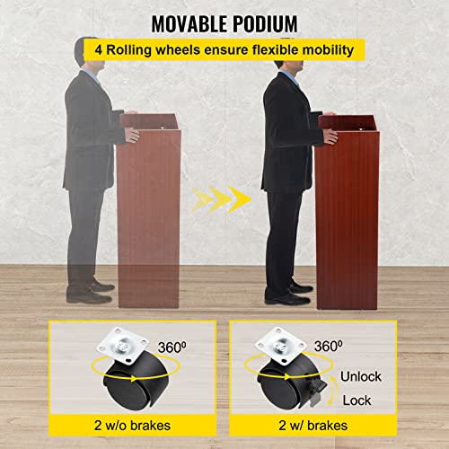 VEVOR Wood Podium, 23.6" x 47.2", Lecterns and Podiums w/ 4 Rolling Wheels, Baffle Plate & Shelf, Easy Assembly Walnut Wood Lecterns for Church, Office, School, Home
