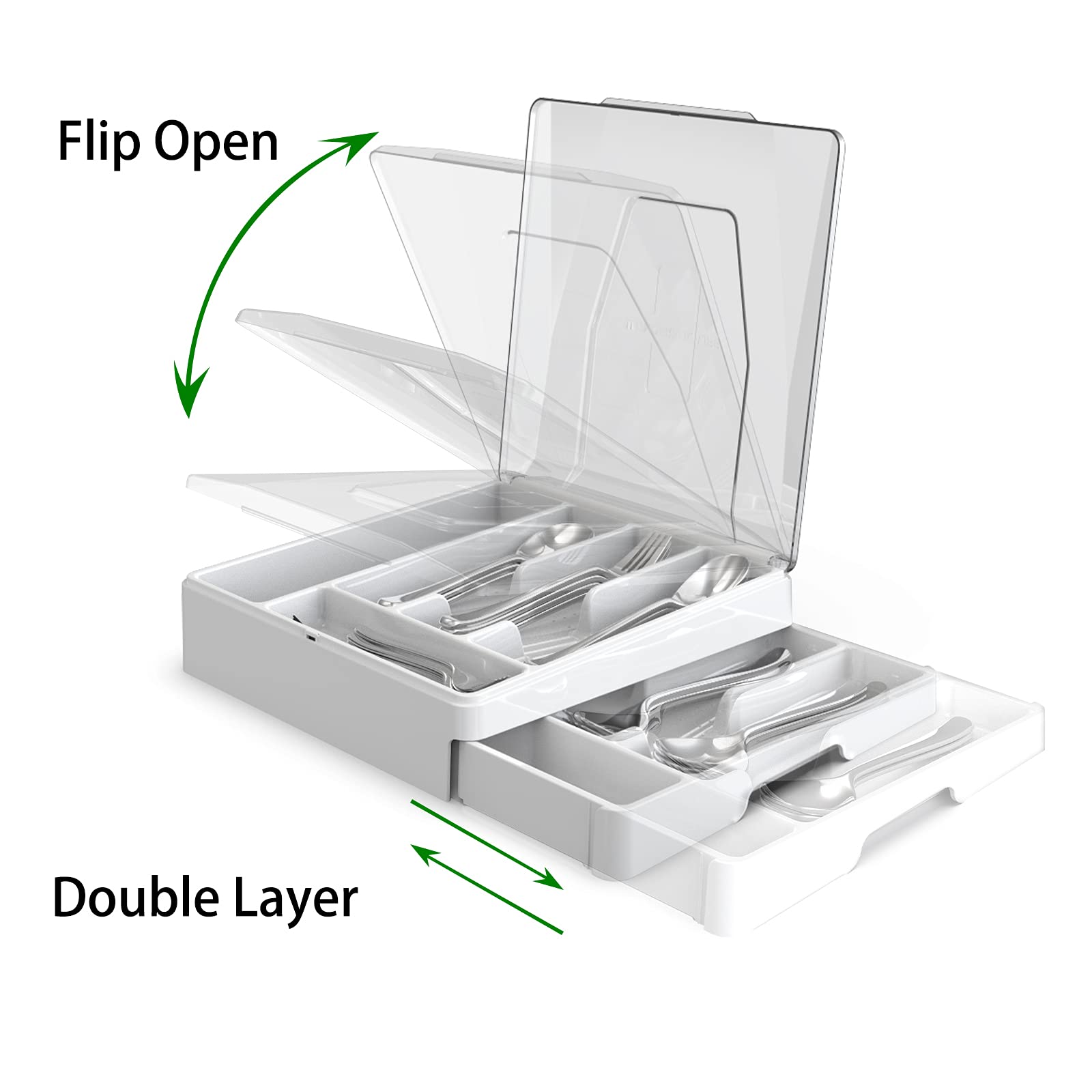 Geerna Double Layer Silverware Tray with Lid, Utensil Holder for Countertop Flatware Organizer for Kitchen Drawers with 2 Tier Cutlery Tray and 9 Compartments Silverware Storage Bin (White)