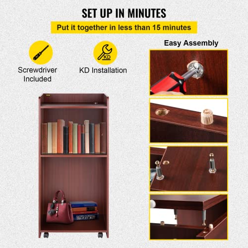 VEVOR Wood Podium, 23.6" x 47.2", Lecterns and Podiums w/ 4 Rolling Wheels, Baffle Plate & Shelf, Easy Assembly Walnut Wood Lecterns for Church, Office, School, Home