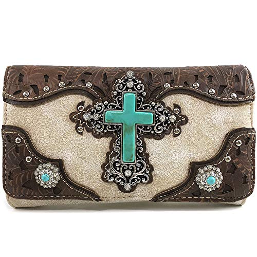 Zelris Turquoise Rhinestone Cross Western Women Crossbody Wrist Trifold Wallet (Beige)