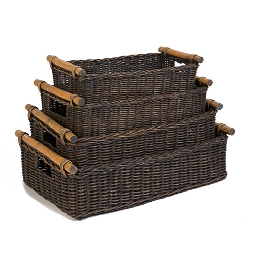 The Basket Lady Low Pole Handle Wicker Storage Basket, Large, 19.5 in L x 12.5 in W x 6 in H, Antique Walnut Brown