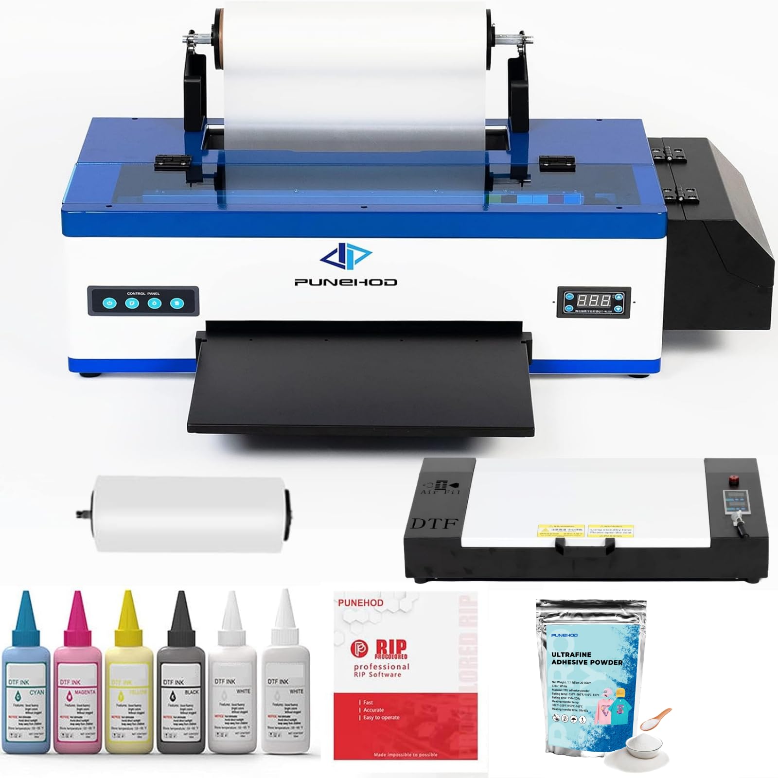 PUNEHOD DTF Transfer Printer A3 L1800 T Shirt Printer for Fabrics, Leather, Toys, Swimwear, Handicrafts, T Shirt, Pillow, Other Textile.(DTF Printer + Oven+6X 500ml Ink)
