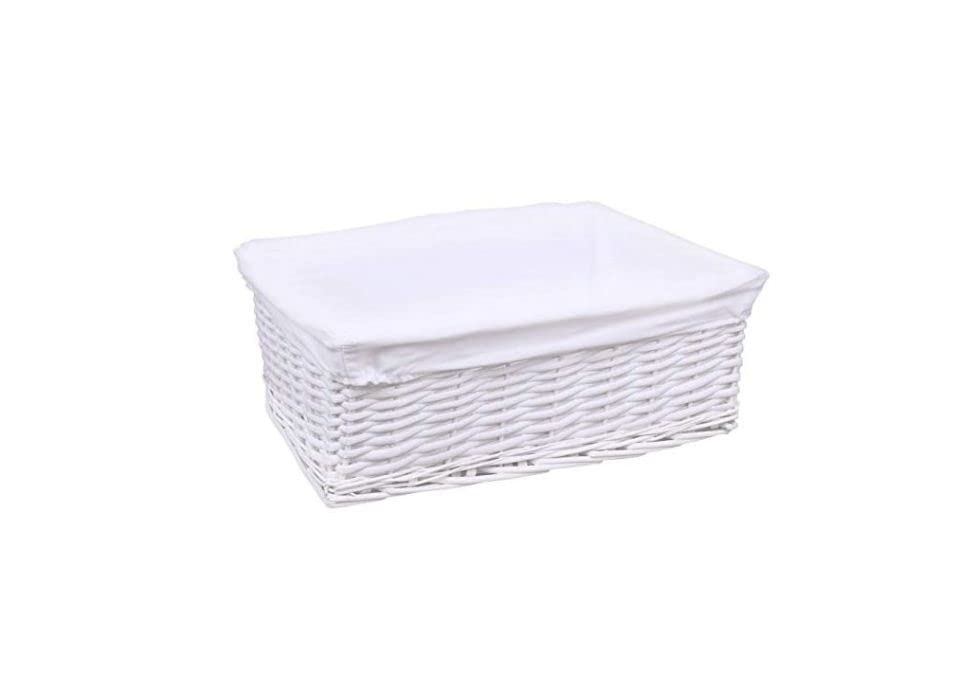 Woodluv White Wicker Storage Shelf Basket With Removable Lining, White - Small