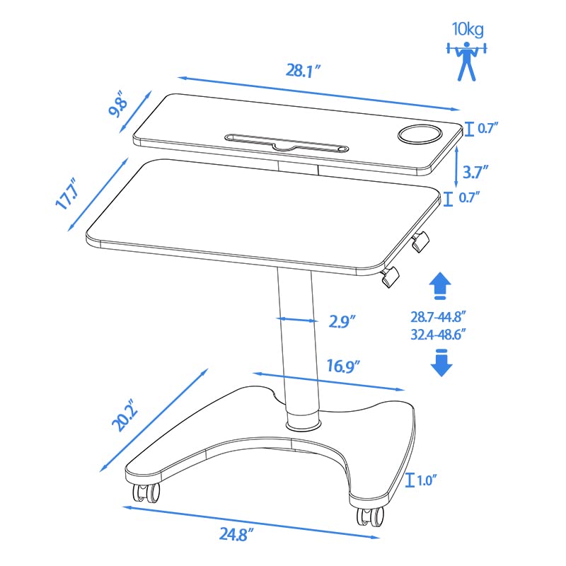TORRAINAKE Dual Tiered Mobile Standing Desk with Cup Holder and Tilting Podium, Portable Sit Stand Lectern with Height Adjustments and Rolling Base for Small Spaces - Brown.