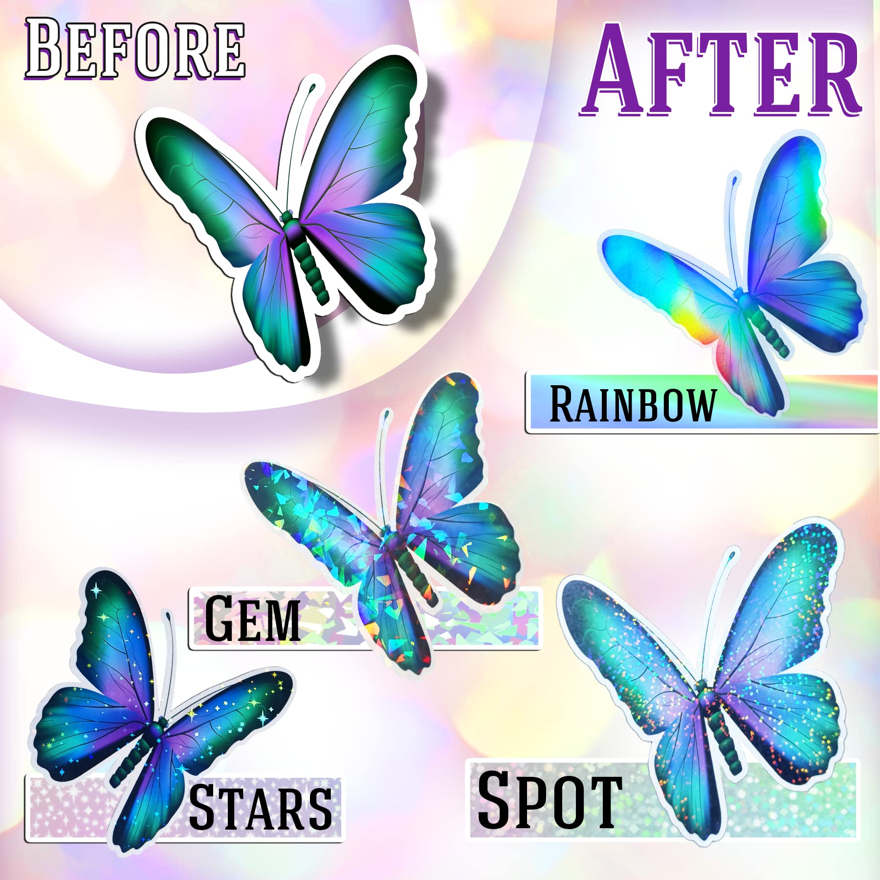 Koala Holographic Laminate Sheets A4 Clear Holographic Sticker Paper 25 Sheets Self Adhesive Transparent Waterproof Holographic Overlay for Sticker Paper - Gem, Dot, Rainbow, Star Patterns