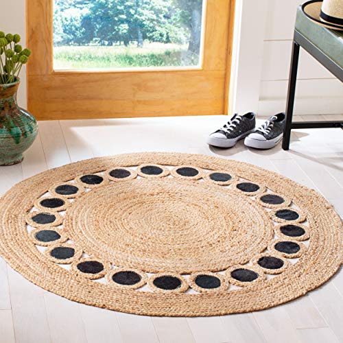 SAFAVIEH Natural Fiber Round Collection 3' Round Beige / Black NF370Z Handmade Boho Woven Jute & Leather Area Rug