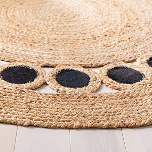 SAFAVIEH Natural Fiber Round Collection 3' Round Beige / Black NF370Z Handmade Boho Woven Jute & Leather Area Rug