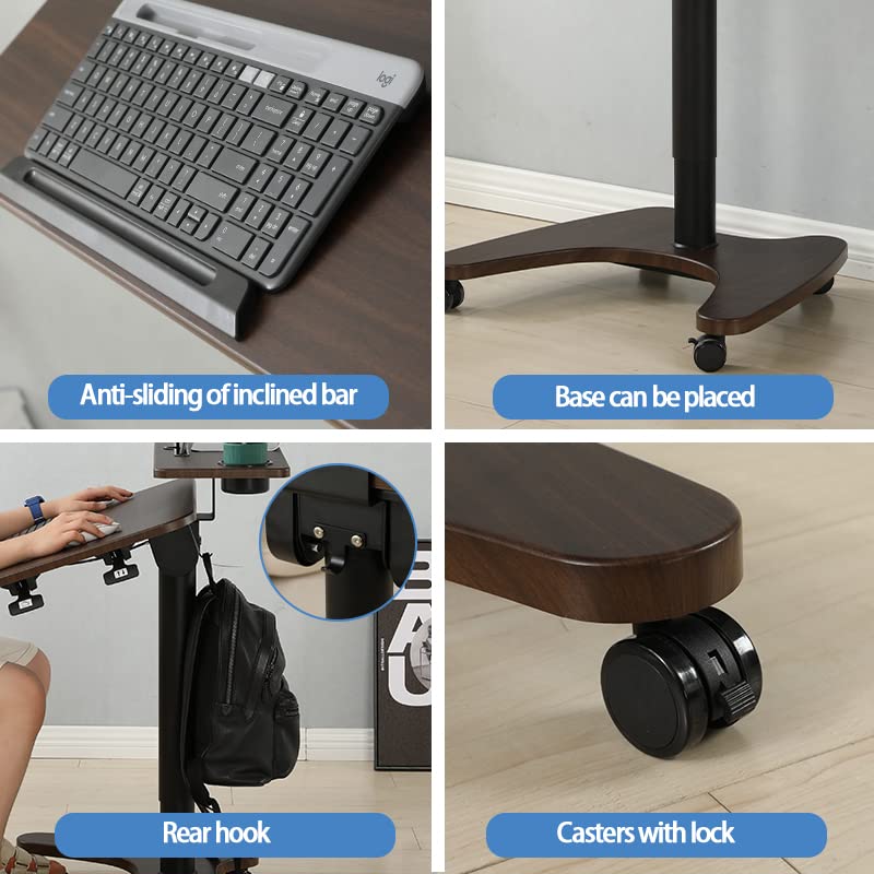 TORRAINAKE Dual Tiered Mobile Standing Desk with Cup Holder and Tilting Podium, Portable Sit Stand Lectern with Height Adjustments and Rolling Base for Small Spaces - Brown.
