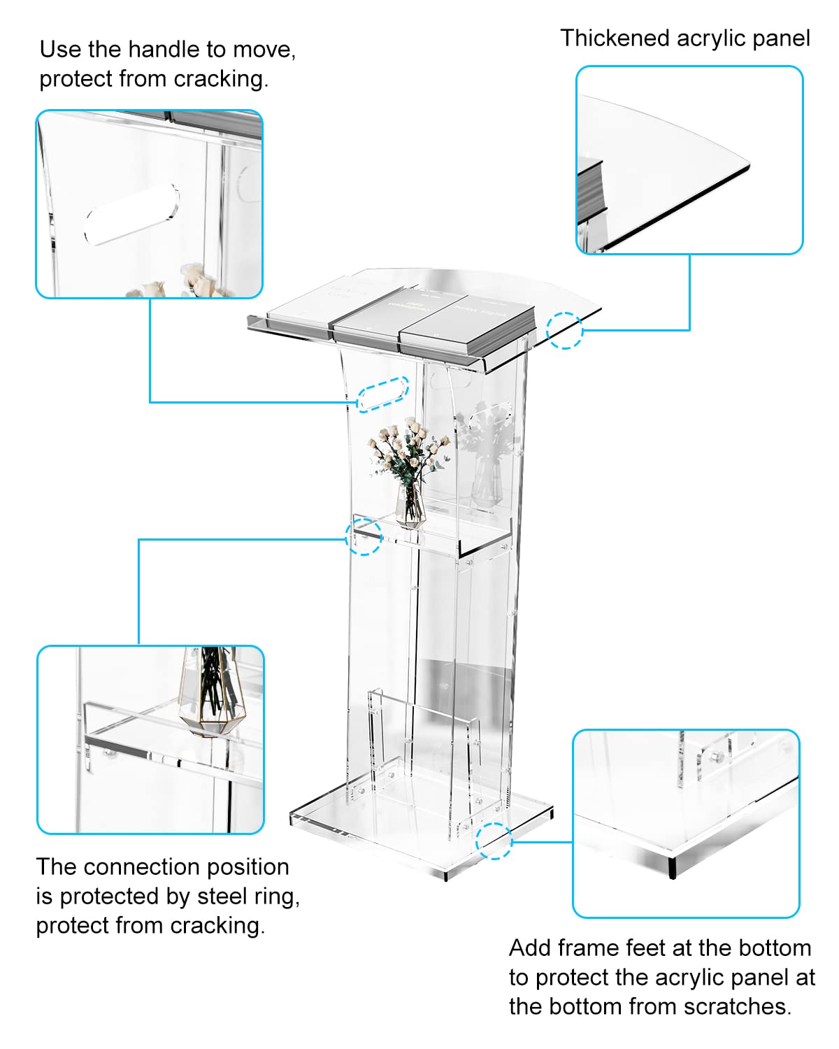 KSacry Acrylic Clear Podium Stand with Storage Shelf,Plexiglass Pulpits for Churches,Conference,Speeches,Weddings,Classroom,Professional Presentation Podiums (23.6" L X 17.7" W X 47" H, Transparent)