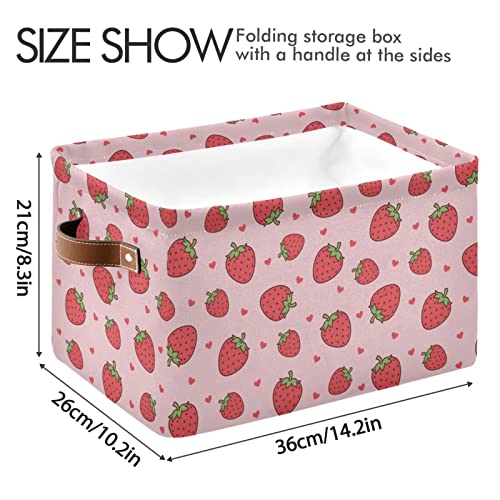 ALAZA Pink Love Heart Strawberry Large Storage Basket with Handles Foldable Decorative 1 Pack Storage Bin Box for Organizing Living Room Shelves Office Closet Clothes